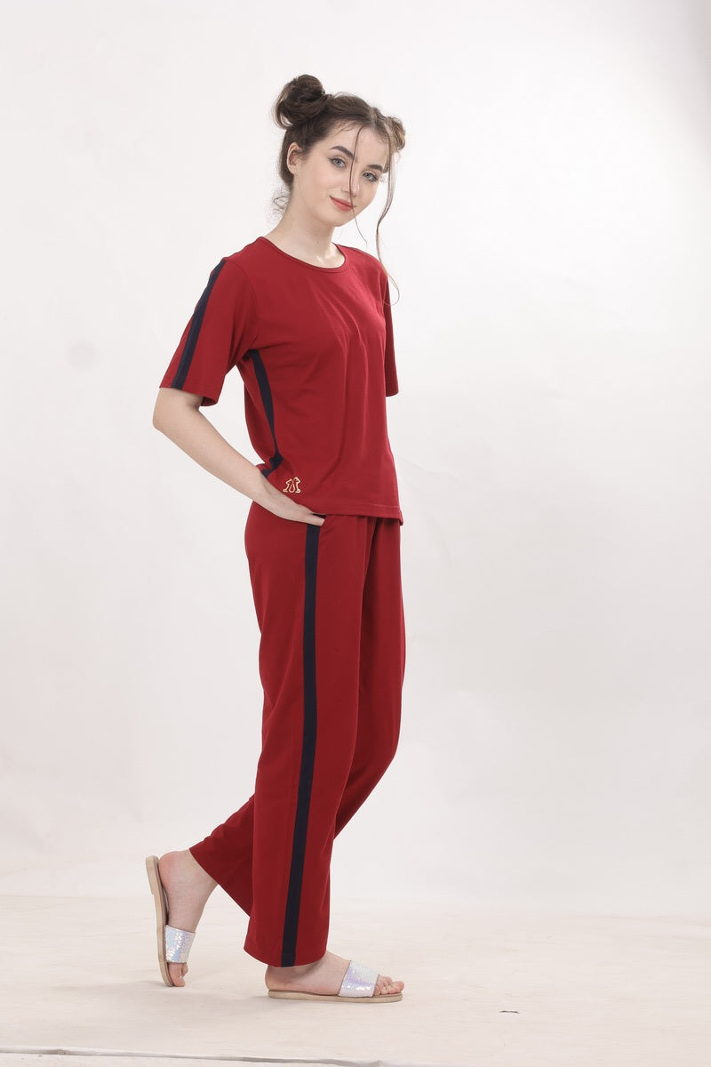 Maroon With Navy Blue Side Strip Loungewear MX_CSS04 – Miazi